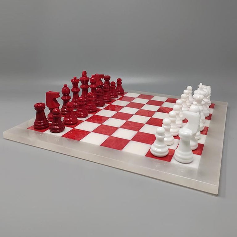 1970s Red and White Chess Set in Volterra Alabaster Handmade, Made in ...