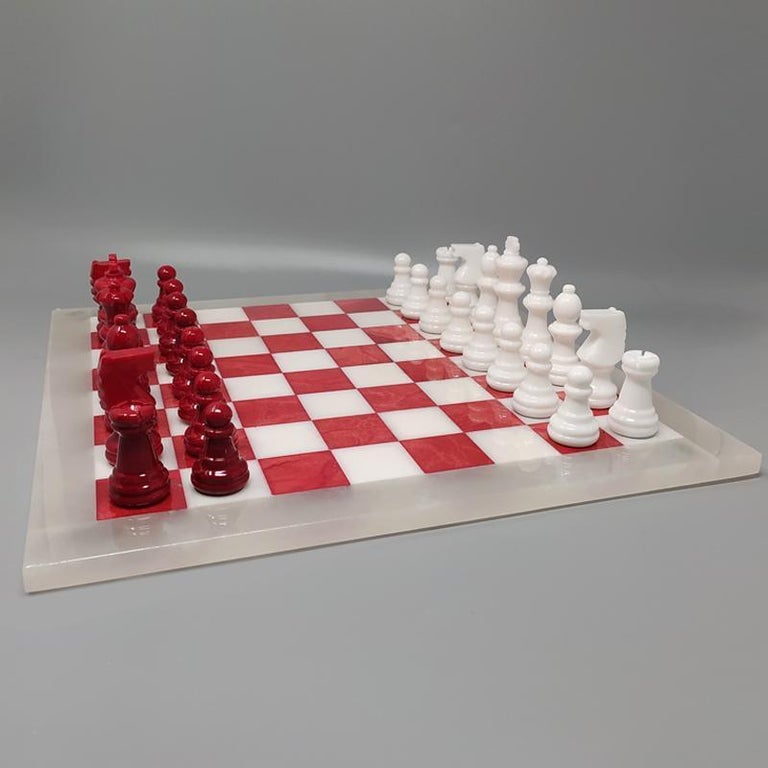 1970s Red and White Chess Set in Volterra Alabaster Handmade, Made in ...