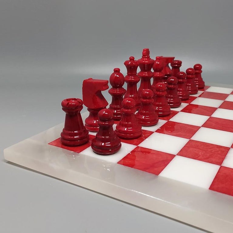 1970s Red and White Chess Set in Volterra Alabaster Handmade, Made in ...