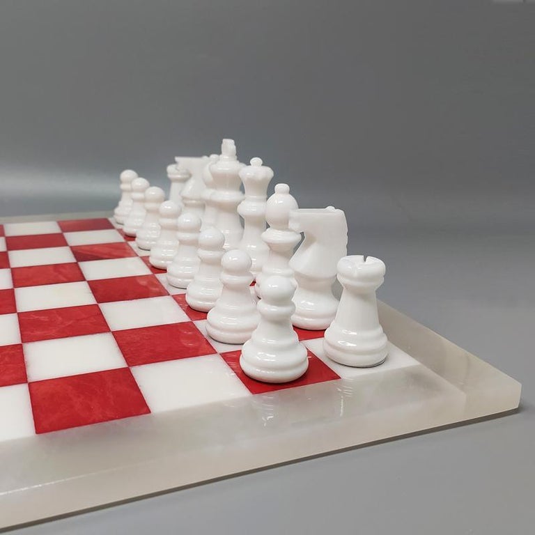 1970s Red and White Chess Set in Volterra Alabaster Handmade, Made in ...