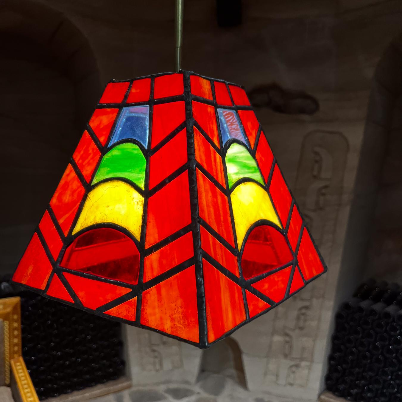 1970s Red Pendant Lamp Lead Stained-Glass Tiffany Shade For Sale at 1stDibs