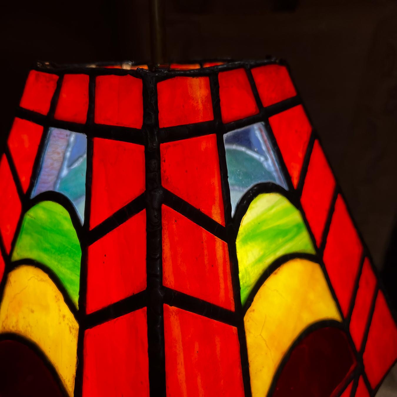 1970s Red Pendant Lamp Lead Stained-Glass Tiffany Shade For Sale at 1stDibs