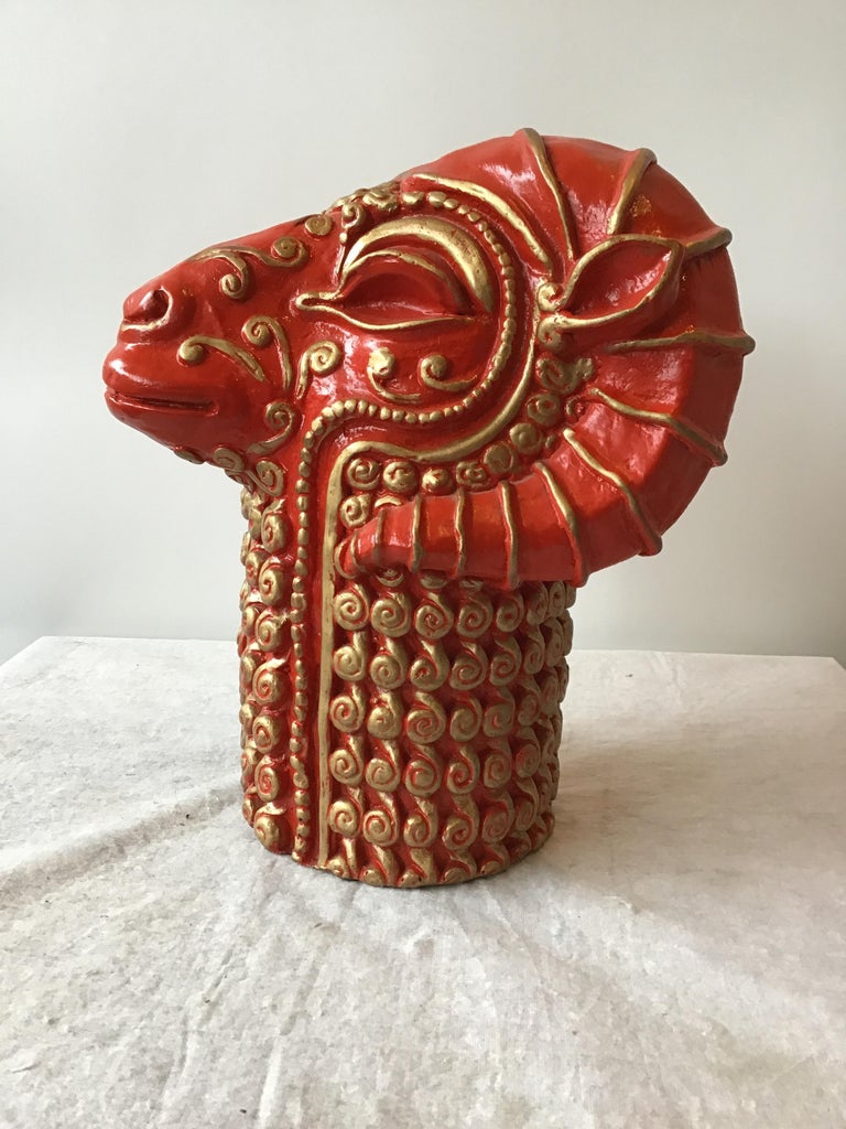 1970s Red Plaster Ram Head Sculpture For Sale at 1stDibs