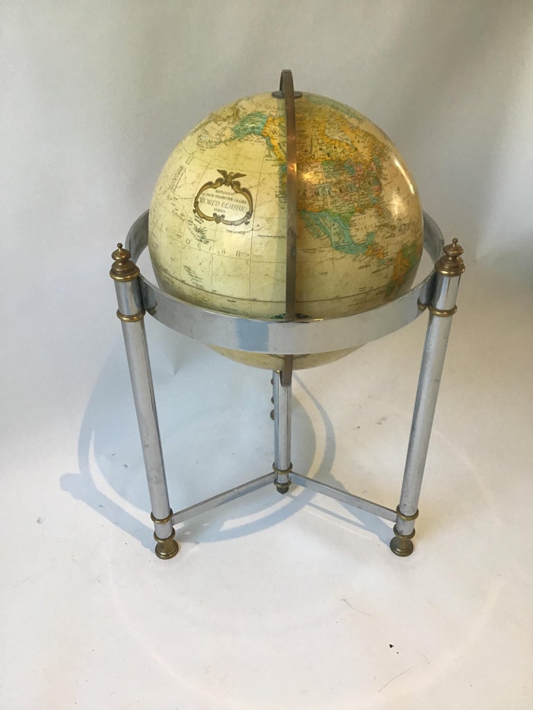 1970s Replogle Globe on Chrome and Brass Stand For Sale at 1stDibs