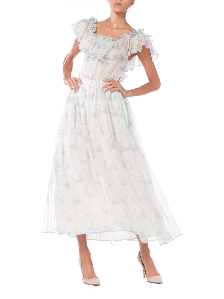1970S Pale Blue Floral Printed Cotton Tulle Ruffled Maxi Dress Lined In ...