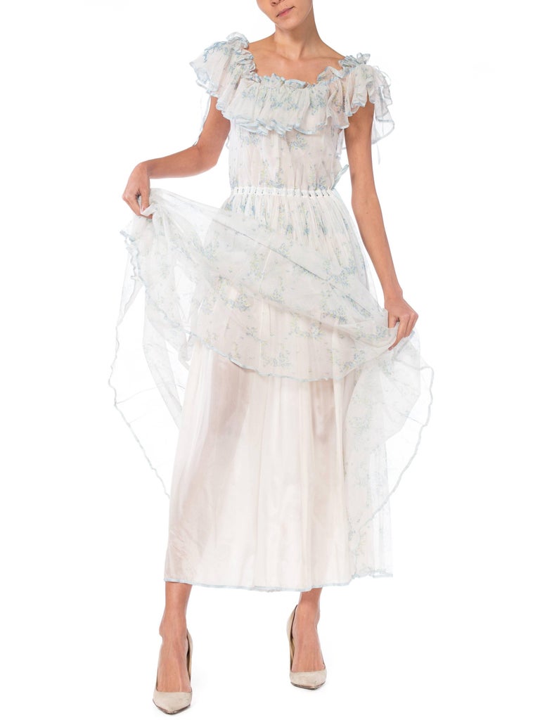 1970S Pale Blue Floral Printed Cotton Tulle Ruffled Maxi Dress Lined In ...