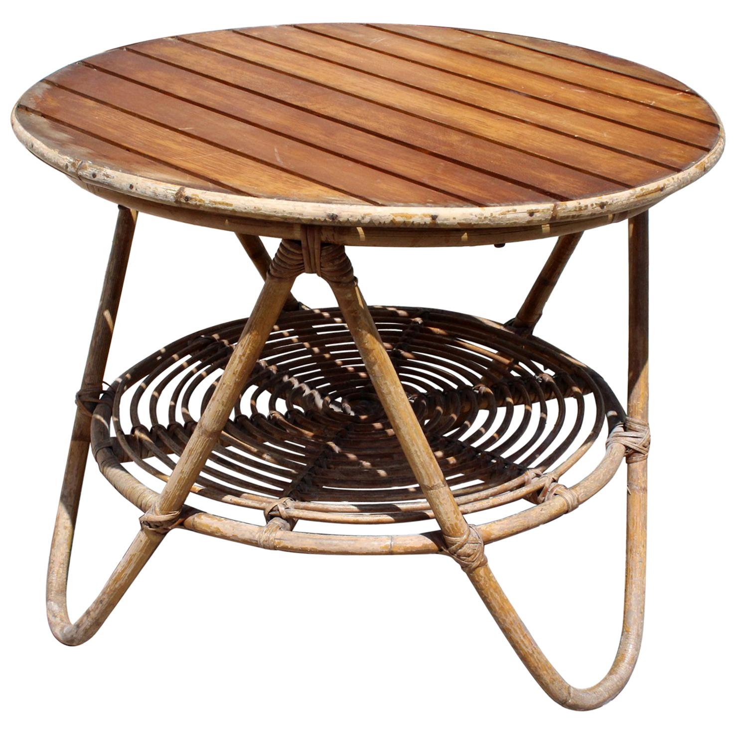 1970s Round Spanish Wood and Bamboo Side Table For Sale at 1stDibs