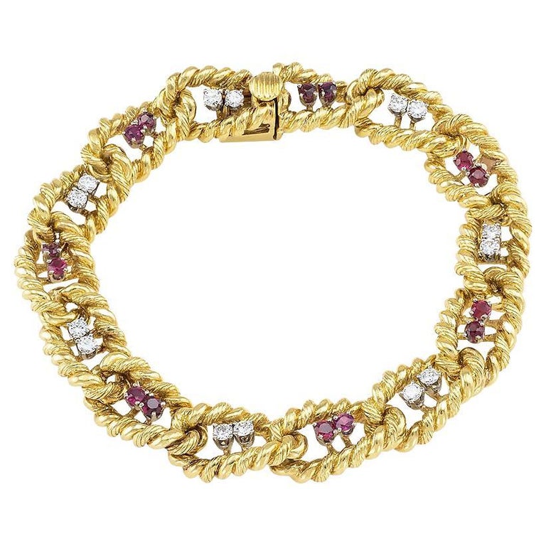 1970s Ruby Diamond Yellow Gold Link Bracelet For Sale at 1stDibs