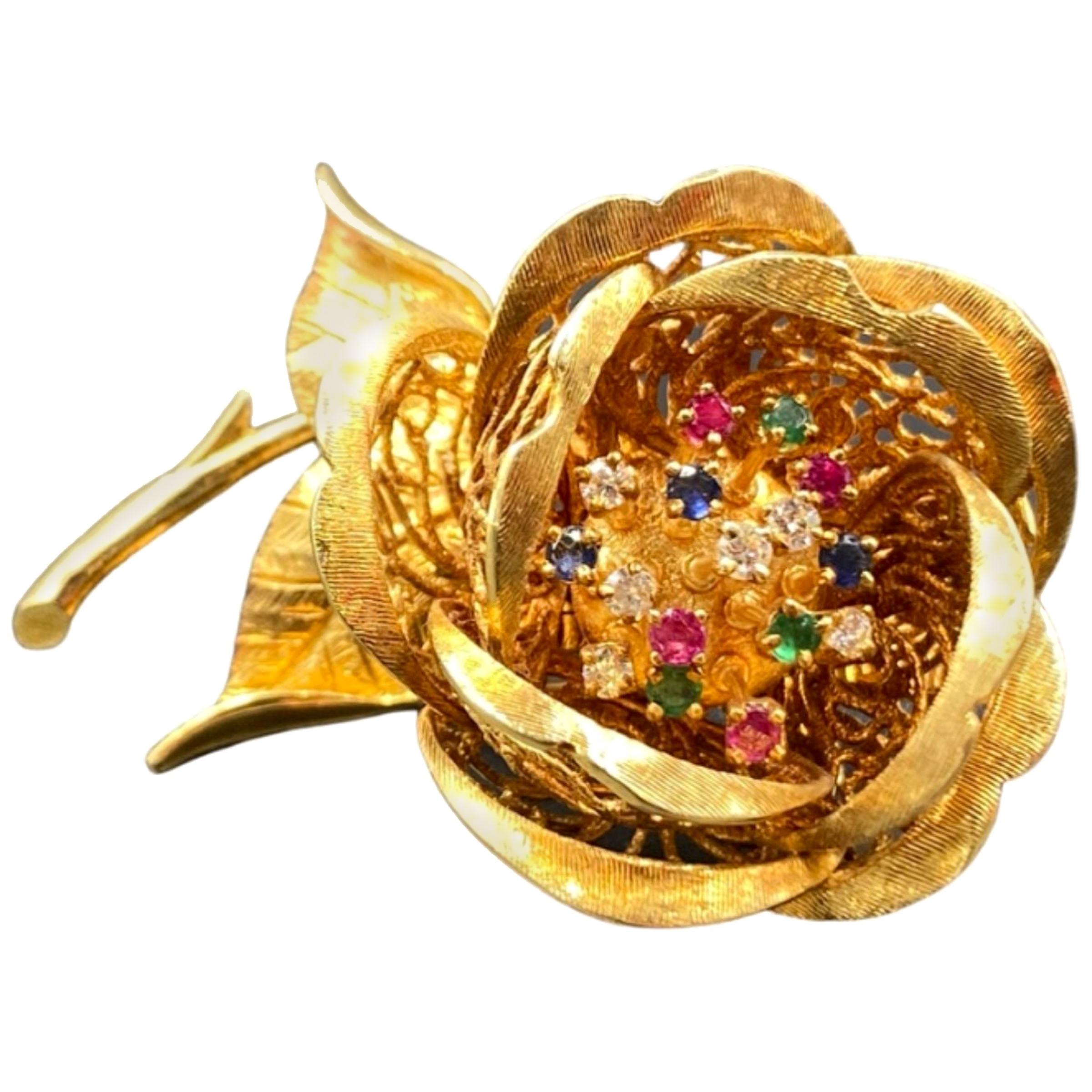 Ruby Emerald Diamond Gold Flower Pin For Sale at 1stDibs