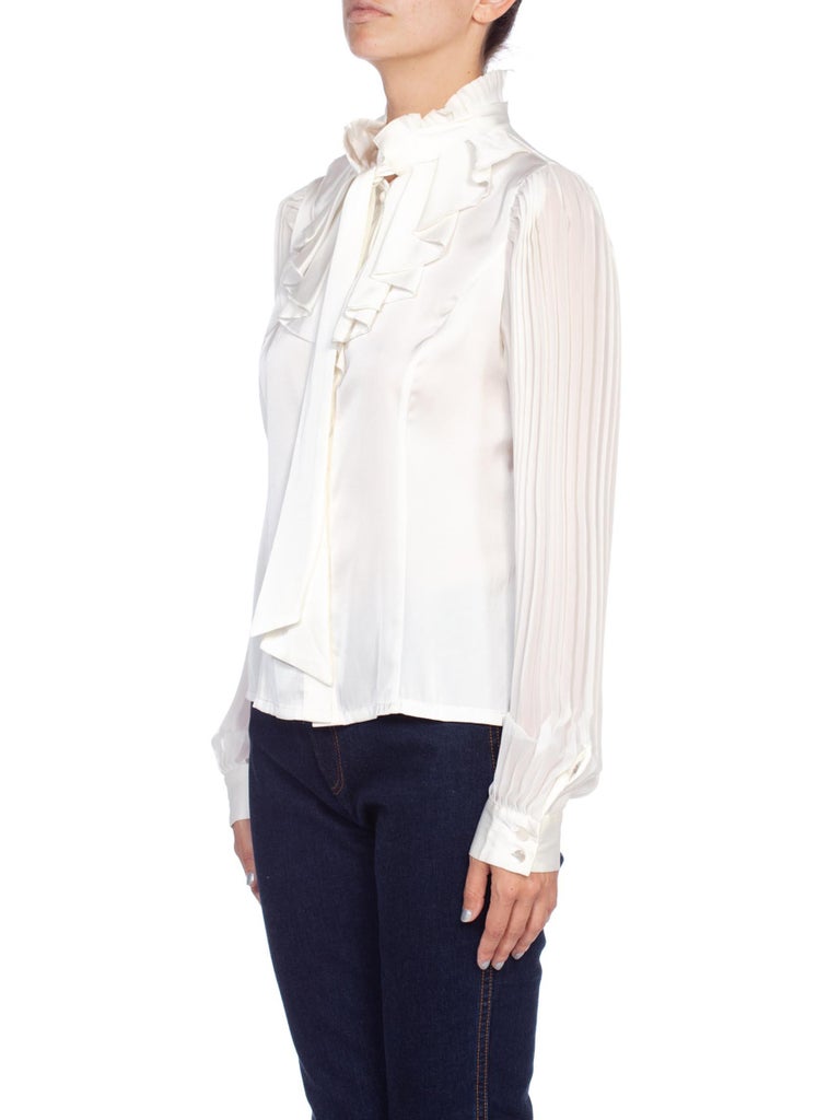 1970'S White Polyester Sateen Ruffled Bow Neck Blouse at 1stDibs