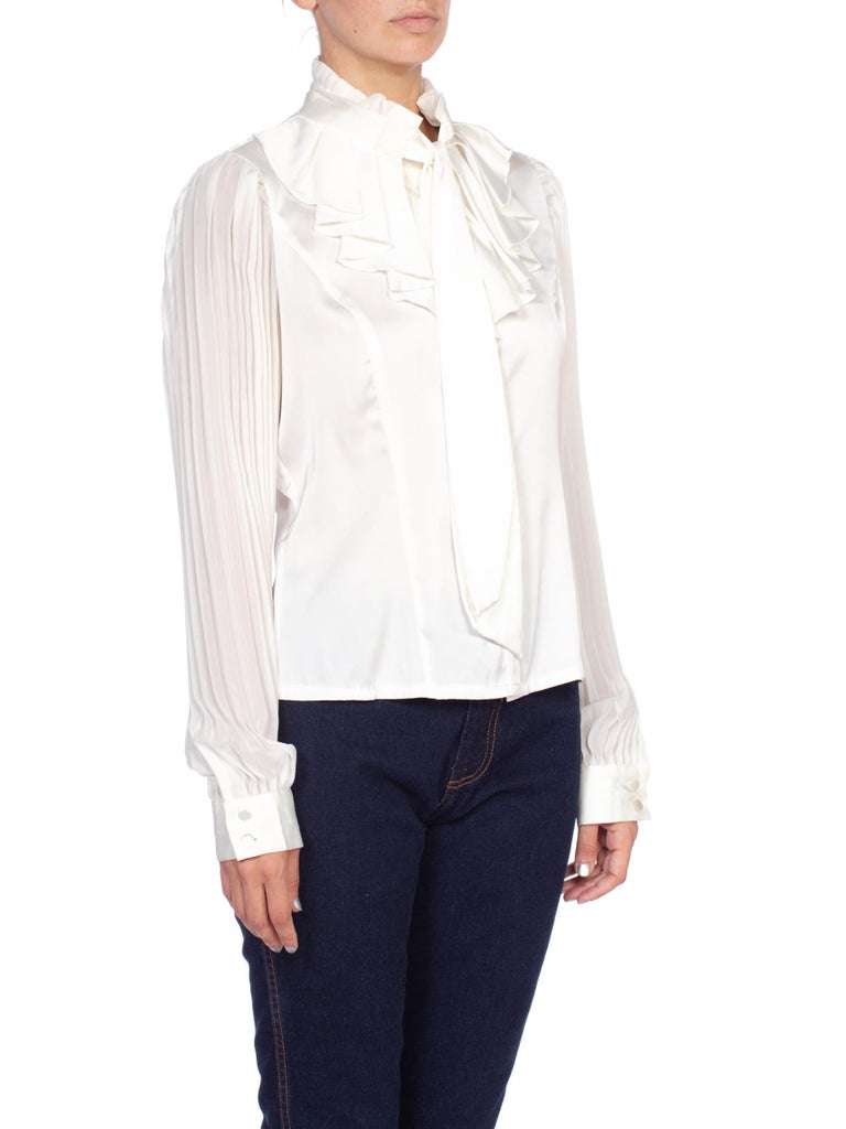 1970'S White Polyester Sateen Ruffled Bow Neck Blouse at 1stDibs
