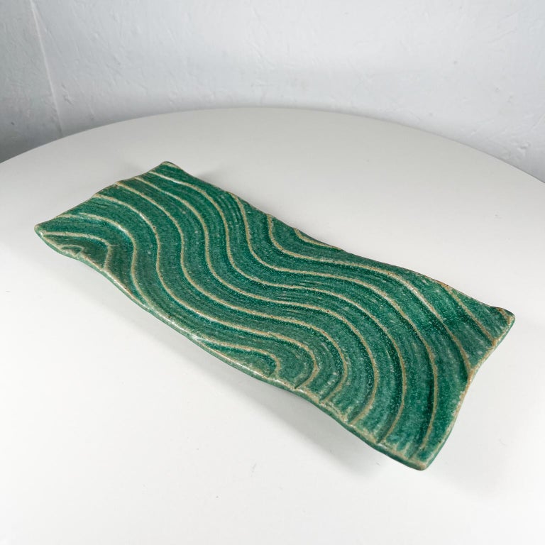 1970s Sculptural Green Wave Dish Studio Art Stoneware Pottery Artist Ed ...