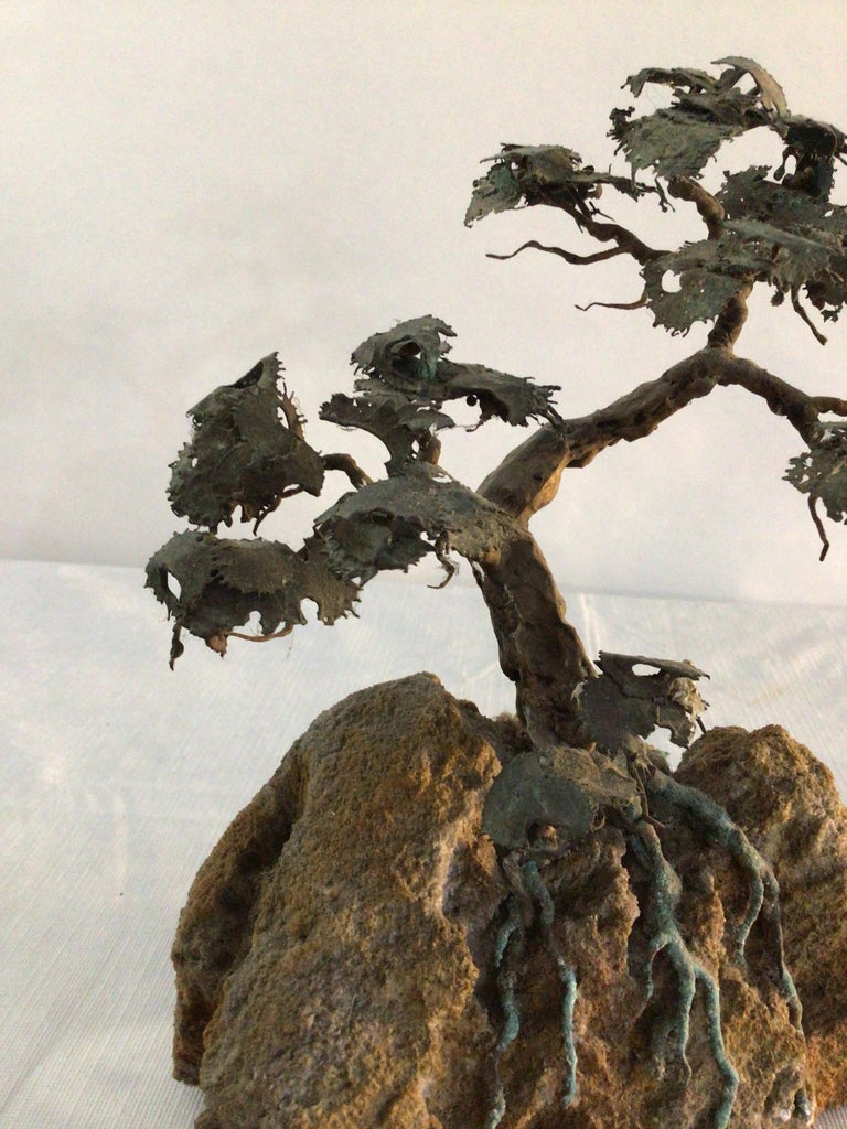 1970s Signed Metal Bonsai Tree Sculpture On Lava Rock For Sale at 1stDibs