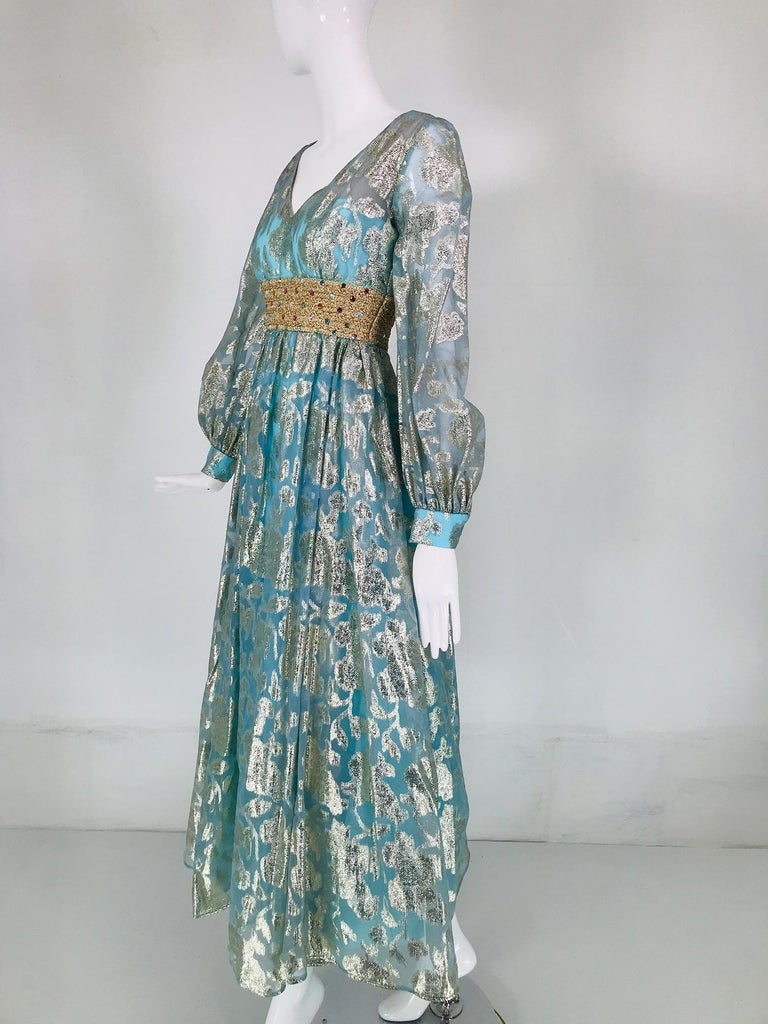 1970s Silver Blue Metallic Jewel Waist Maxi Dress For Sale at 1stDibs