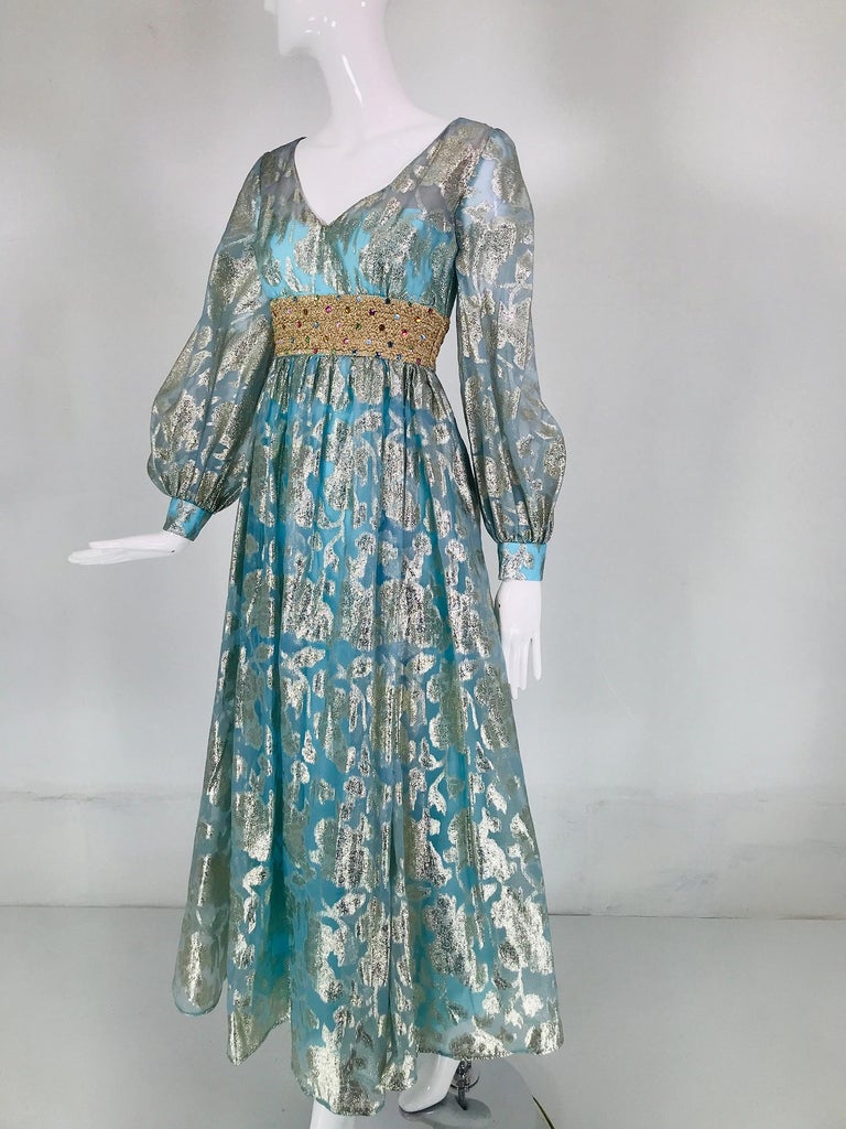1970s Silver Blue Metallic Jewel Waist Maxi Dress For Sale at 1stDibs