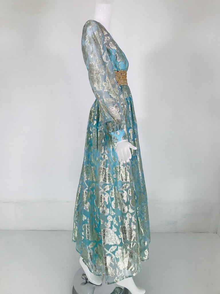 1970s Silver Blue Metallic Jewel Waist Maxi Dress For Sale at 1stDibs