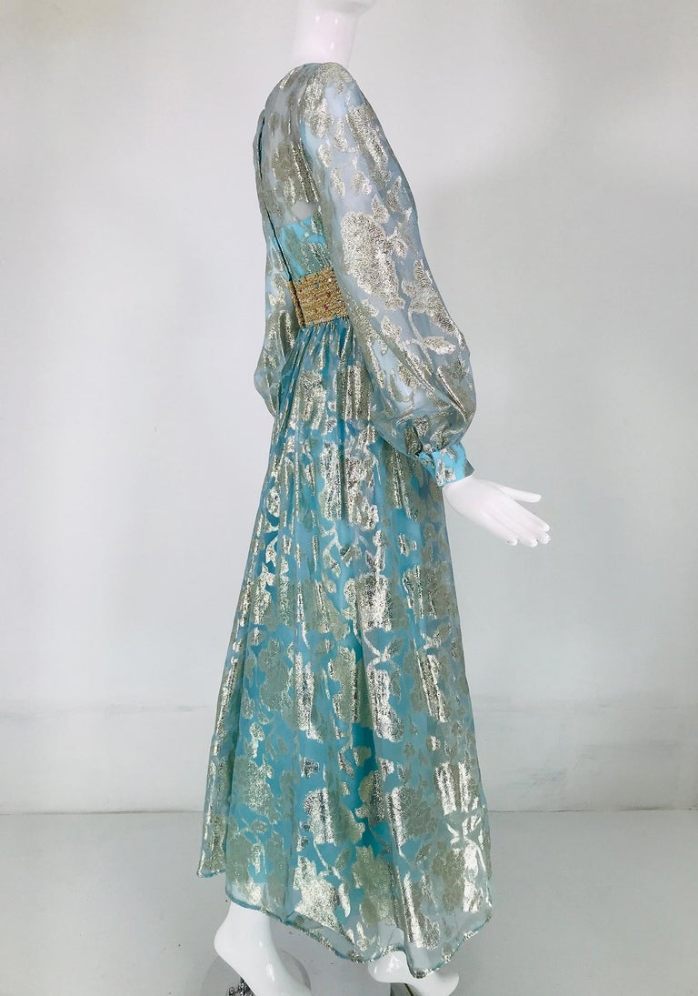 1970s Silver Blue Metallic Jewel Waist Maxi Dress For Sale at 1stDibs