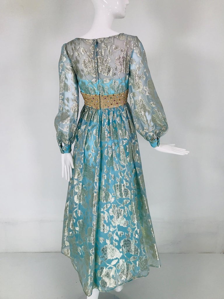 1970s Silver Blue Metallic Jewel Waist Maxi Dress For Sale at 1stDibs