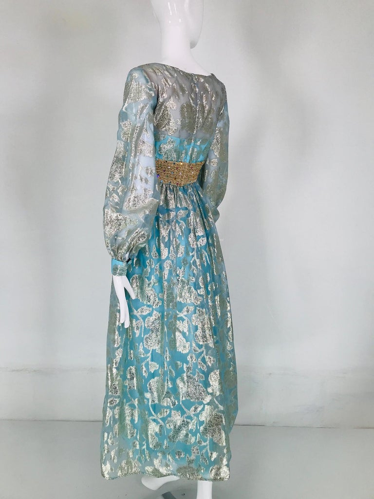 1970s Silver Blue Metallic Jewel Waist Maxi Dress For Sale at 1stDibs