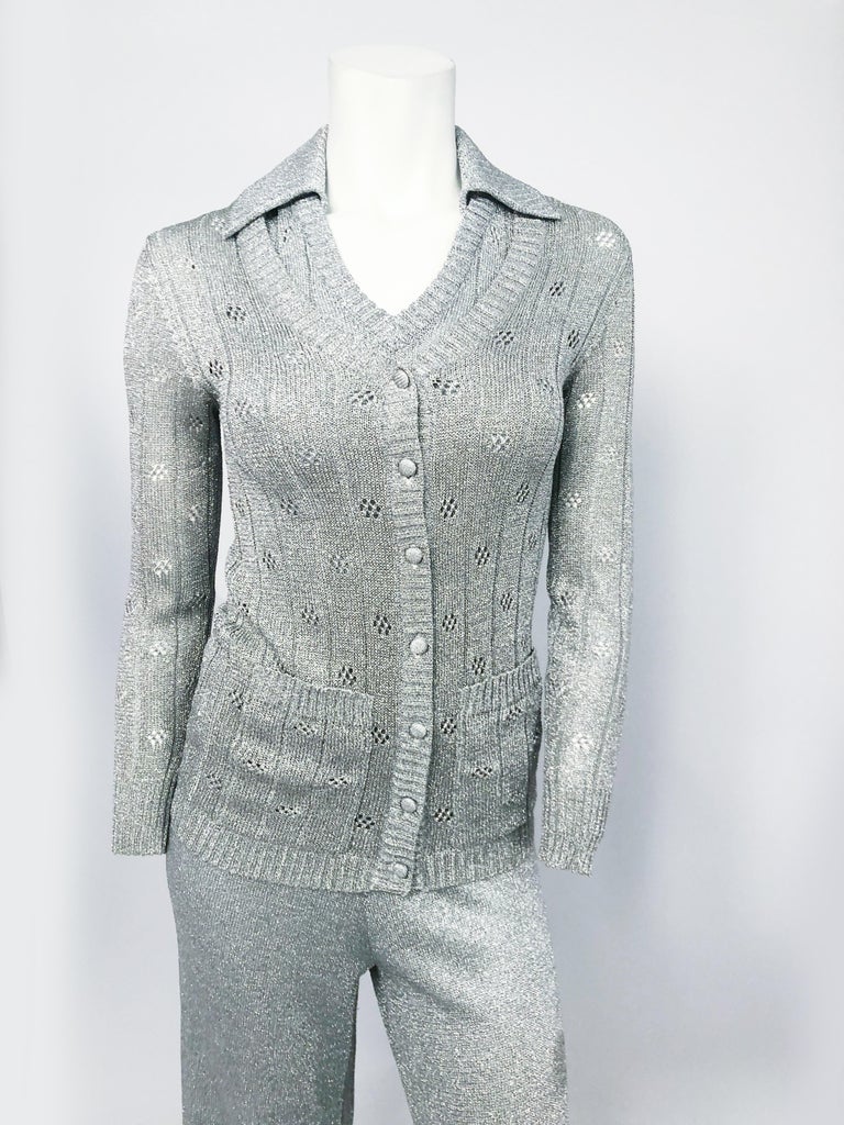 1970s Silver Metallic Knit 3 Piece Pant Suit at 1stDibs | knit pant suit