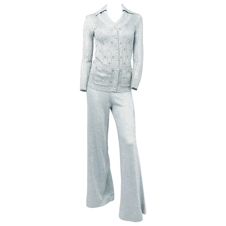 1970s Silver Metallic Knit 3 Piece Pant Suit at 1stDibs | knit pant suit