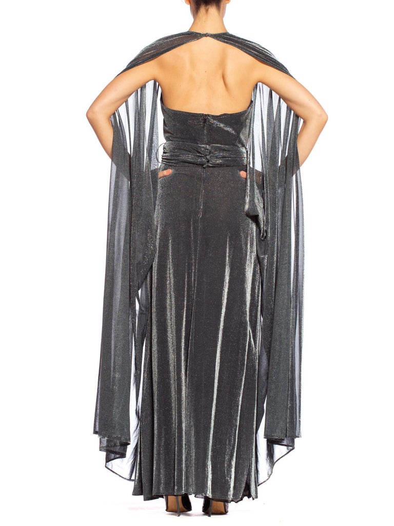 1970S Silver Metallic Lurex Knit Slinky Disco Gown With Attached Cape ...