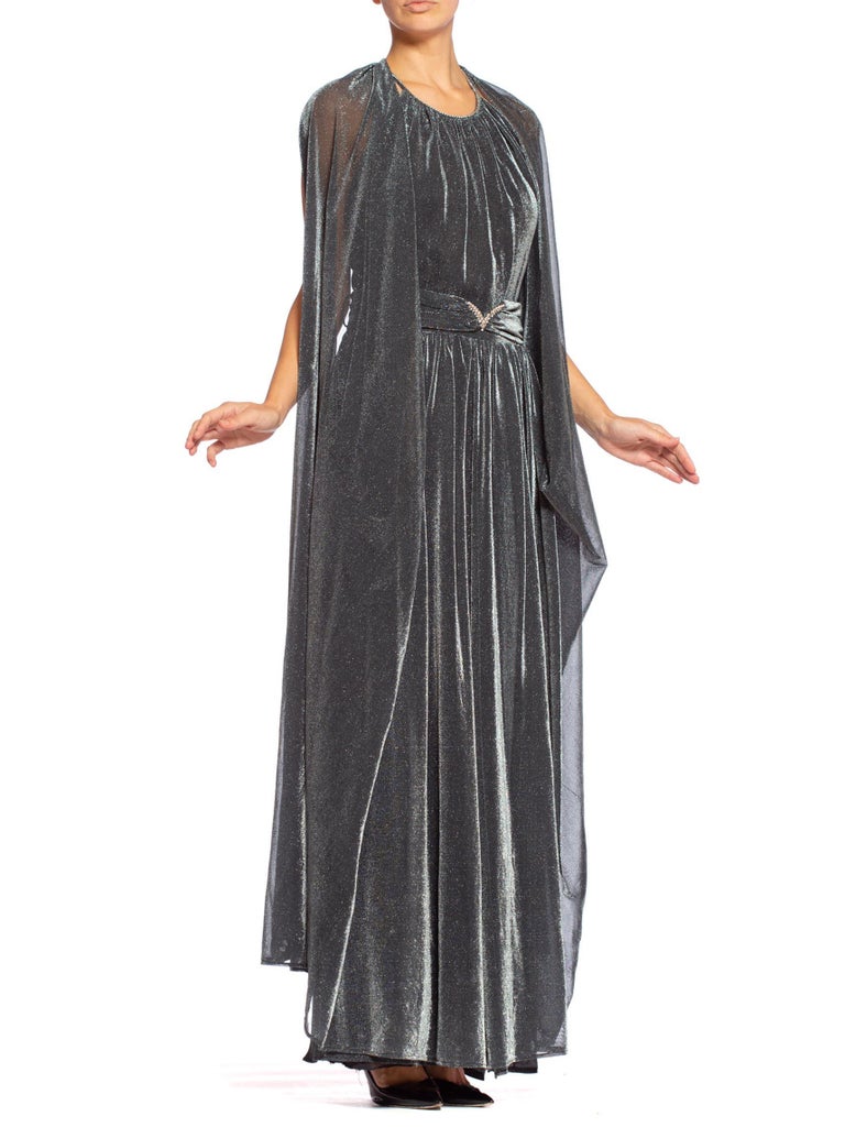 1970S Silver Metallic Lurex Knit Slinky Disco Gown With Attached Cape ...