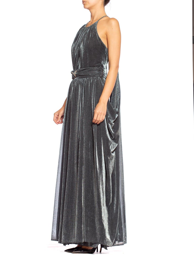 1970S Silver Metallic Lurex Knit Slinky Disco Gown With Attached Cape ...