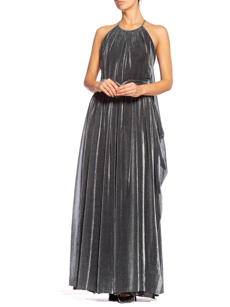 1970S Silver Metallic Lurex Knit Slinky Disco Gown With Attached Cape ...