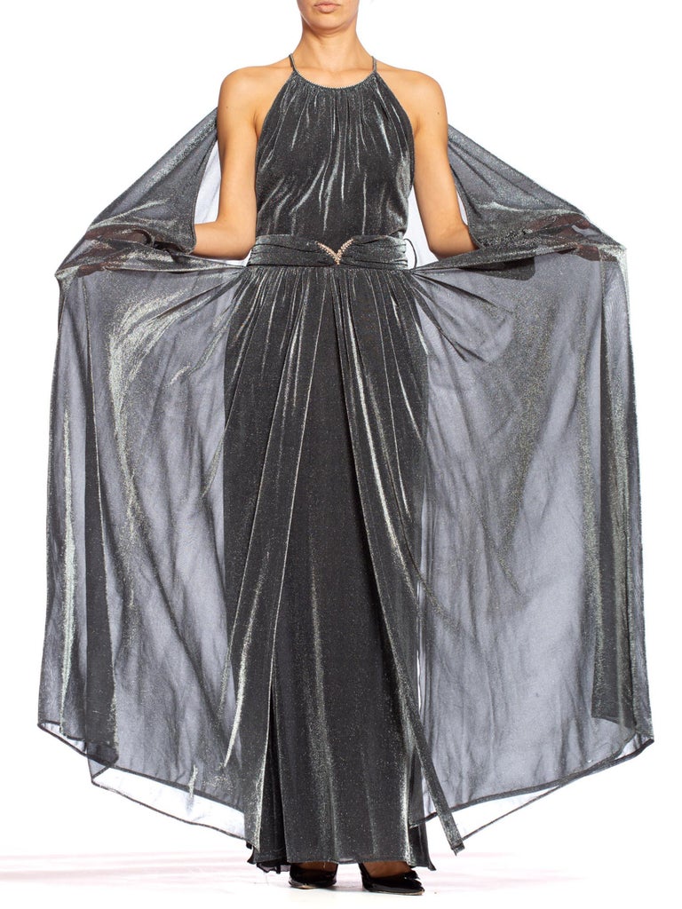 1970S Silver Metallic Lurex Knit Slinky Disco Gown With Attached Cape ...