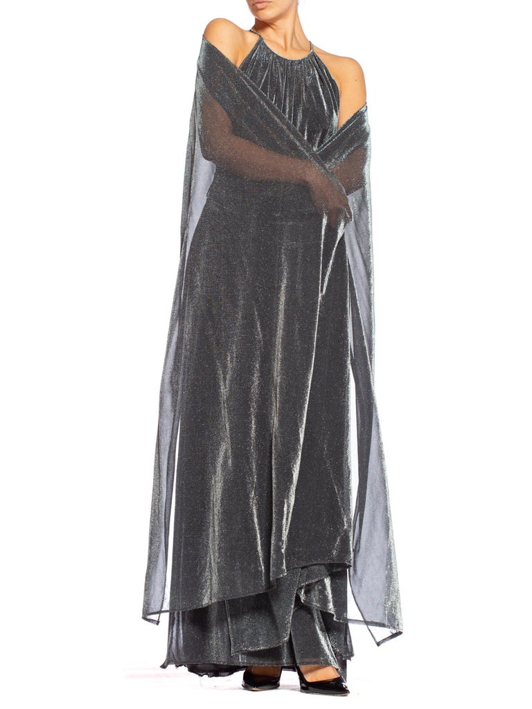 1970S Silver Metallic Lurex Knit Slinky Disco Gown With Attached Cape ...