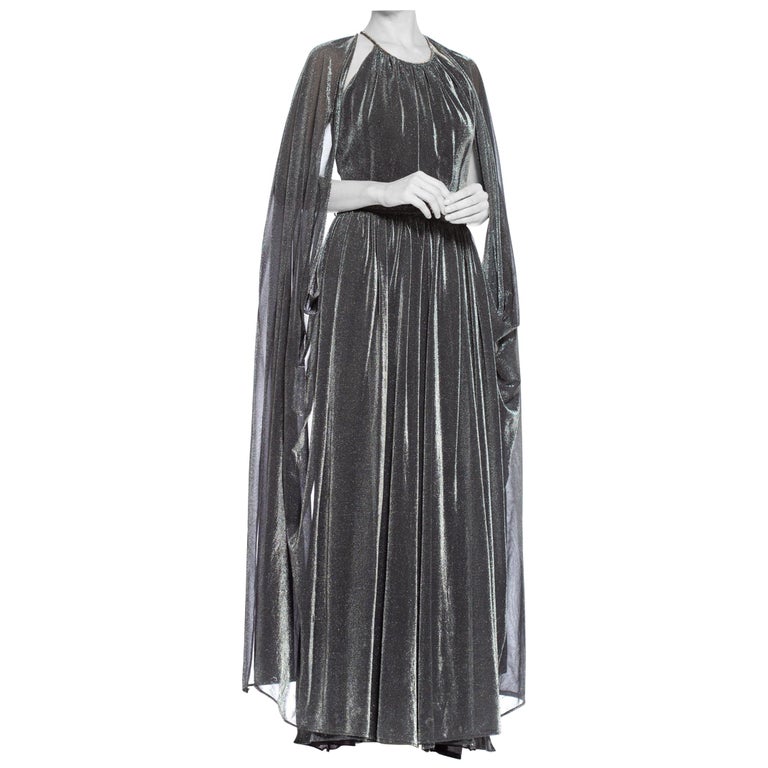1970S Silver Metallic Lurex Knit Slinky Disco Gown With Attached Cape ...
