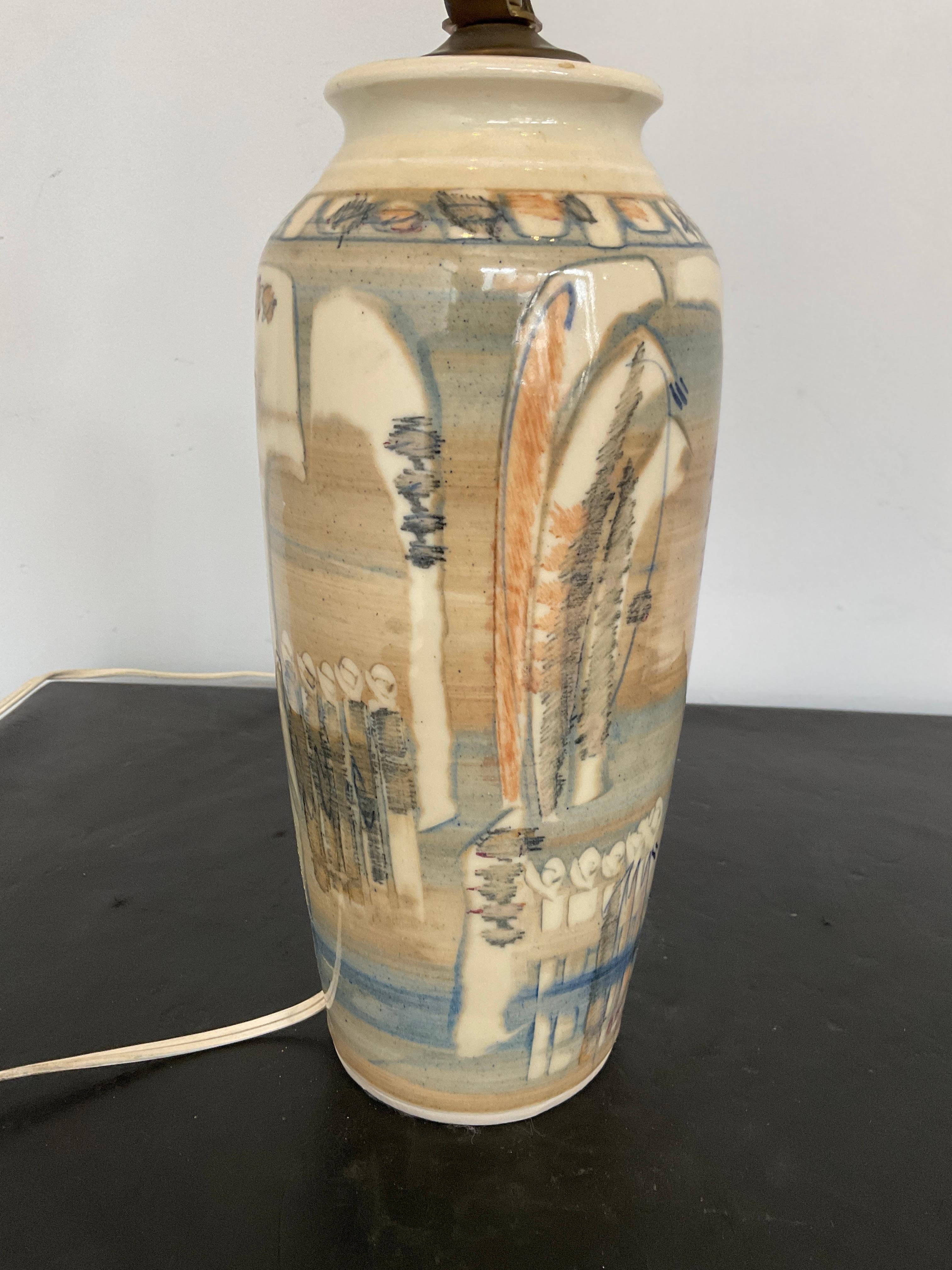 1970s Small Beige Ceramic Lamp with Abstract Scene of People For Sale ...