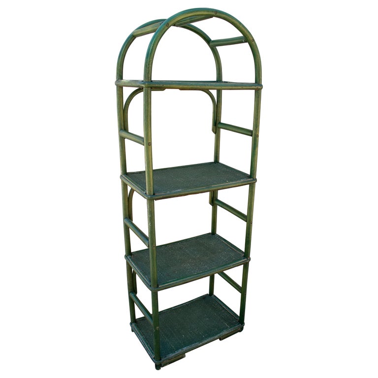 1970s Spanish 4-Rack Lace Wicker and Bamboo Green Shelf For Sale at 1stDibs