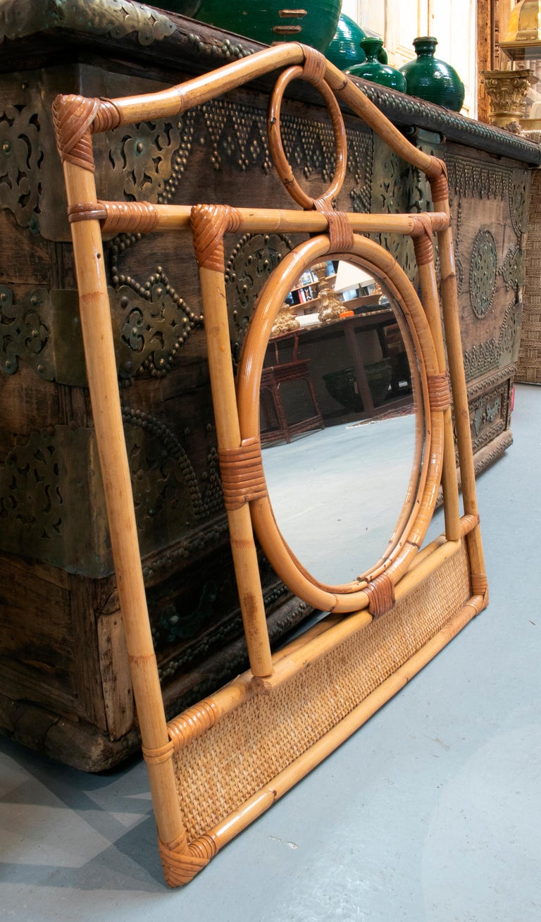 1970s Spanish Bamboo and Rattan Mirror For Sale at 1stDibs