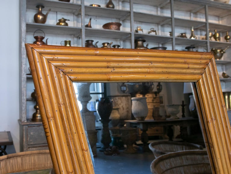 1970S Spanish Bamboo Mirror with Rhombus Shape Handmade For Sale at 1stDibs