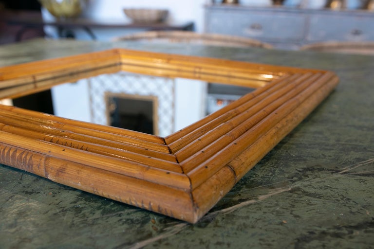 1970S Spanish Bamboo Mirror with Rhombus Shape Handmade For Sale at 1stDibs
