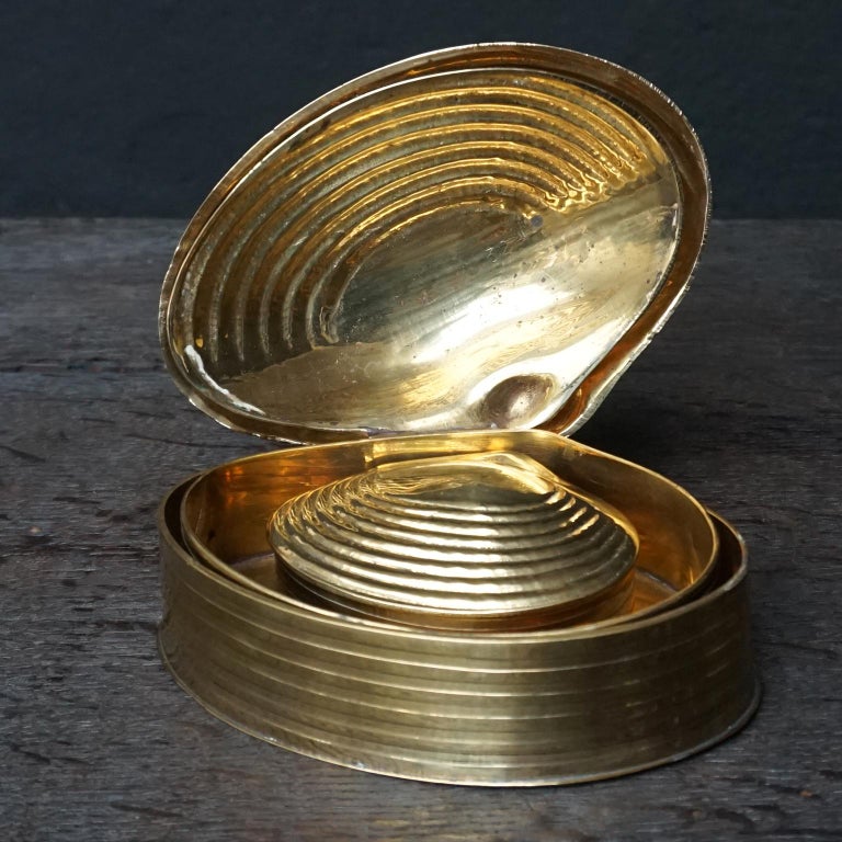 1970s Spanish Brass Clam Shell Nesting Set of Three Hinged Lid Trinket ...