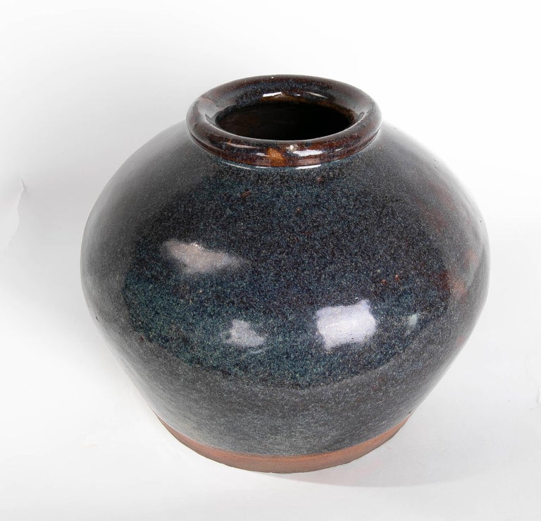1970s Spanish Glazed Ceramic Vase in Dark Blue Tone For Sale at 1stDibs