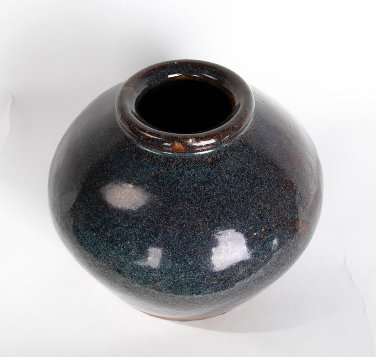 1970s Spanish Glazed Ceramic Vase in Dark Blue Tone For Sale at 1stDibs