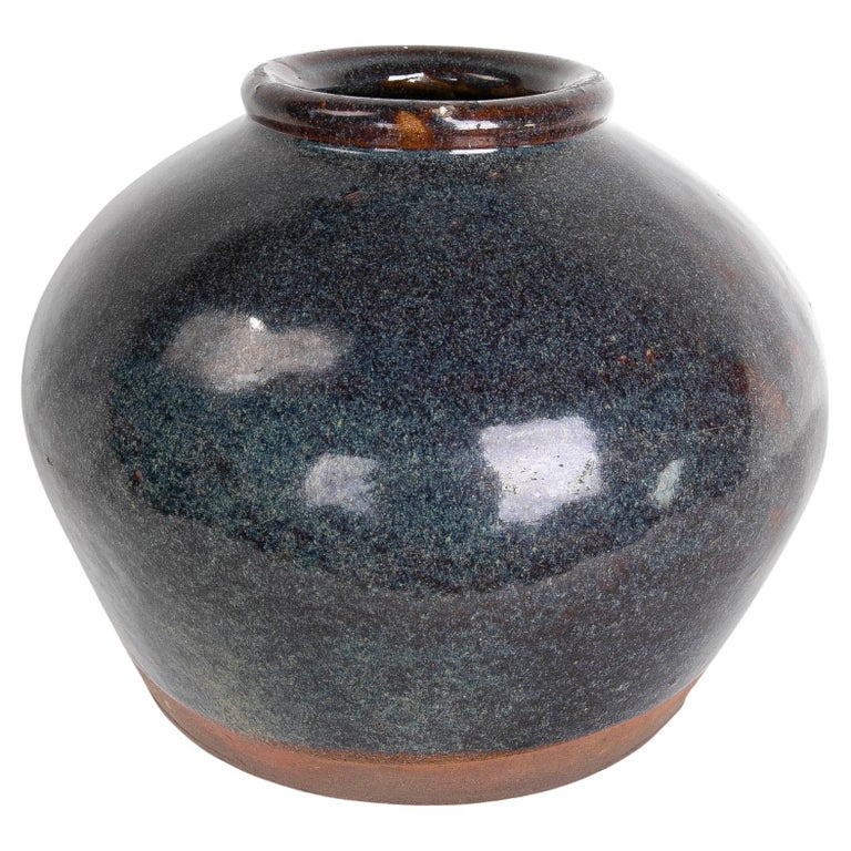 1970s Spanish Glazed Ceramic Vase in Dark Blue Tone For Sale at 1stDibs