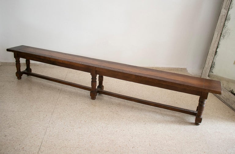 1970s Spanish Oak Long Bench w/ Beam For Sale at 1stDibs