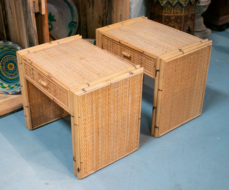 1970s Spanish Pair of Bamboo and Rattan One Drawer Bedside Tables at ...