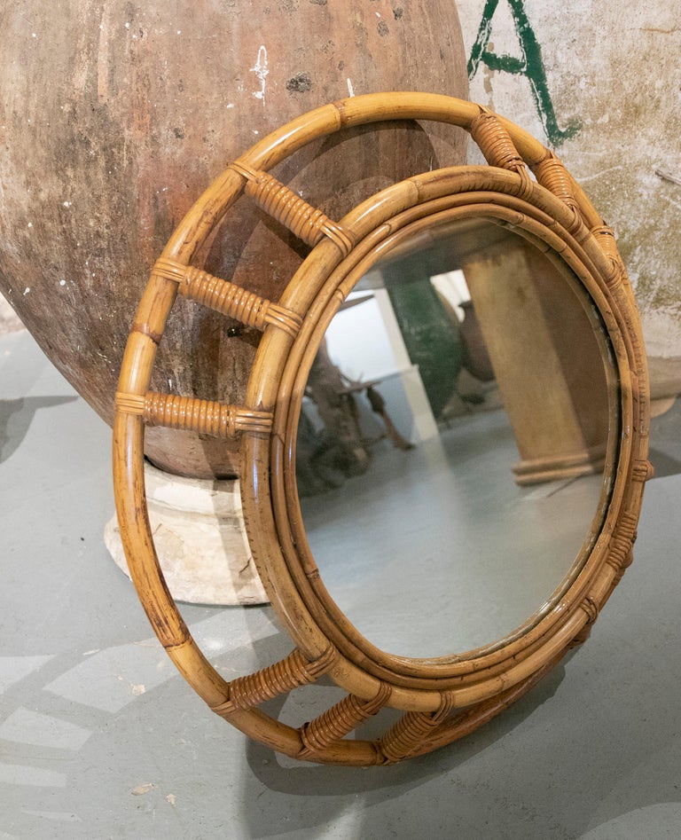1970s Spanish Round Bamboo Wall Mirror For Sale at 1stDibs