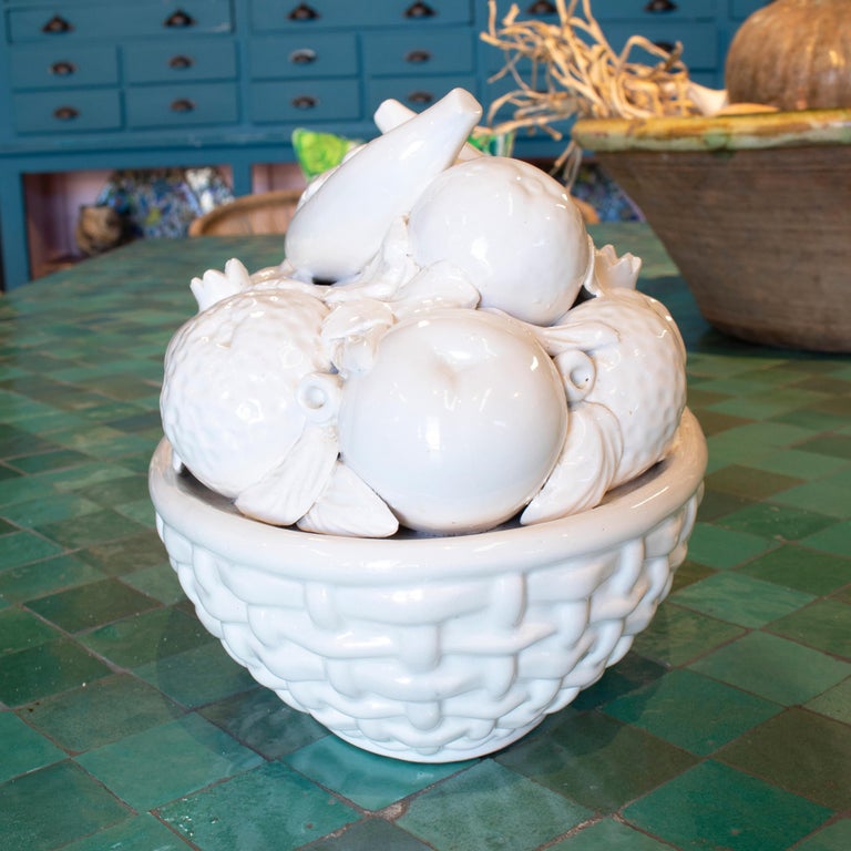 1970s Spanish White Glazed Manises Pottery Fruit Basket Centerpiece For ...