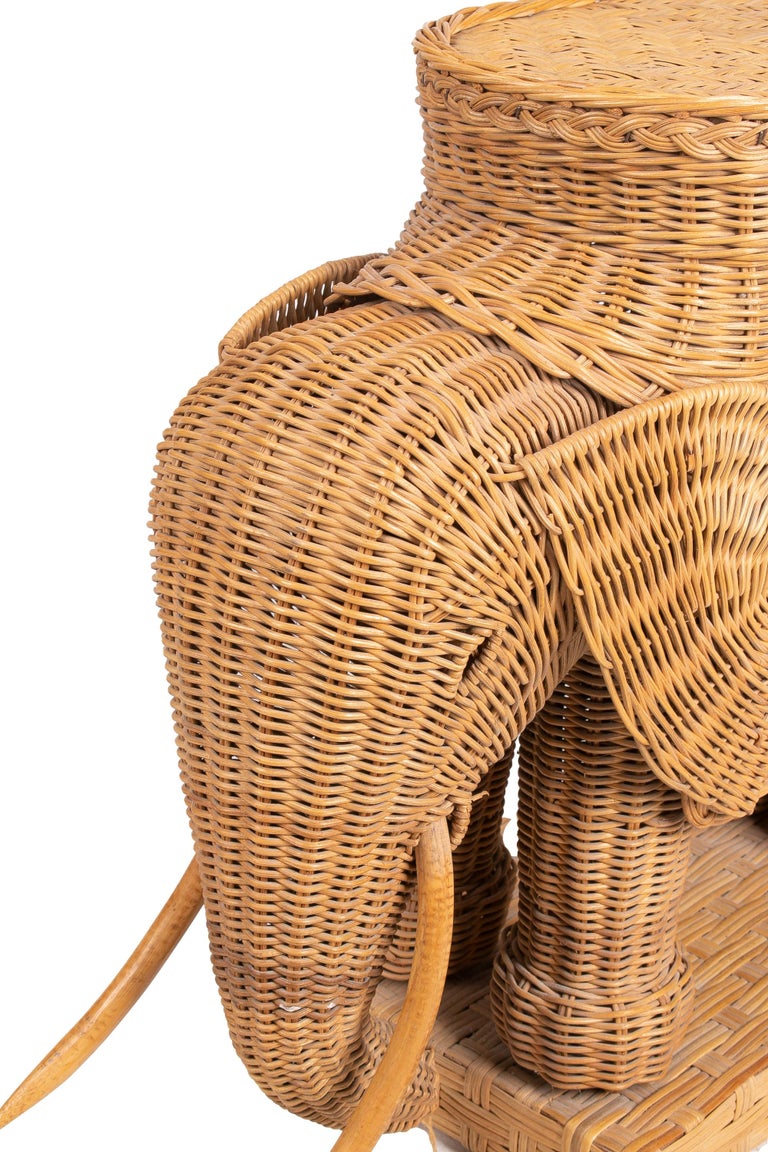 1970s Spanish Woven Wicker Elephant Pedestal Table Base For Sale at 1stDibs
