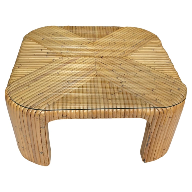 1970s Split Rattan Waterfall Coffee Table w/ Glass For Sale at 1stDibs