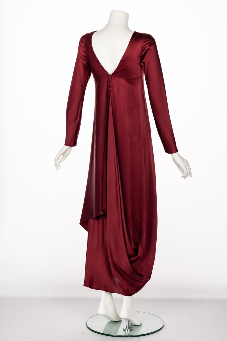 1970s Stavropoulos Couture Burgundy Draped Silk Dress For Sale at 1stDibs