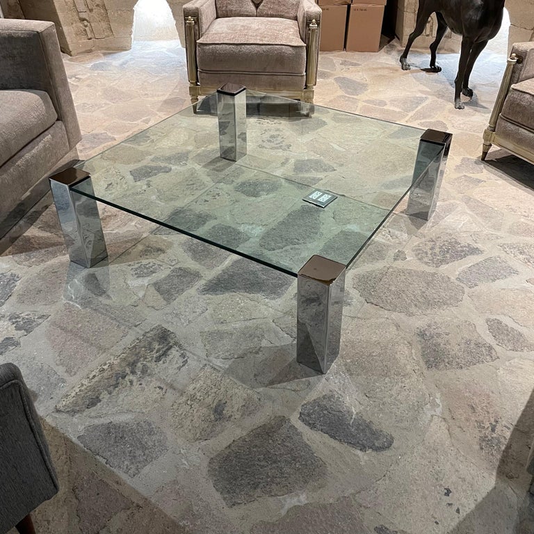 1970s Style Milo Baughman Square Coffee Table Floating Glass on Chrome ...