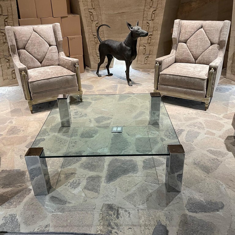 1970s Style Milo Baughman Square Coffee Table Floating Glass on Chrome ...